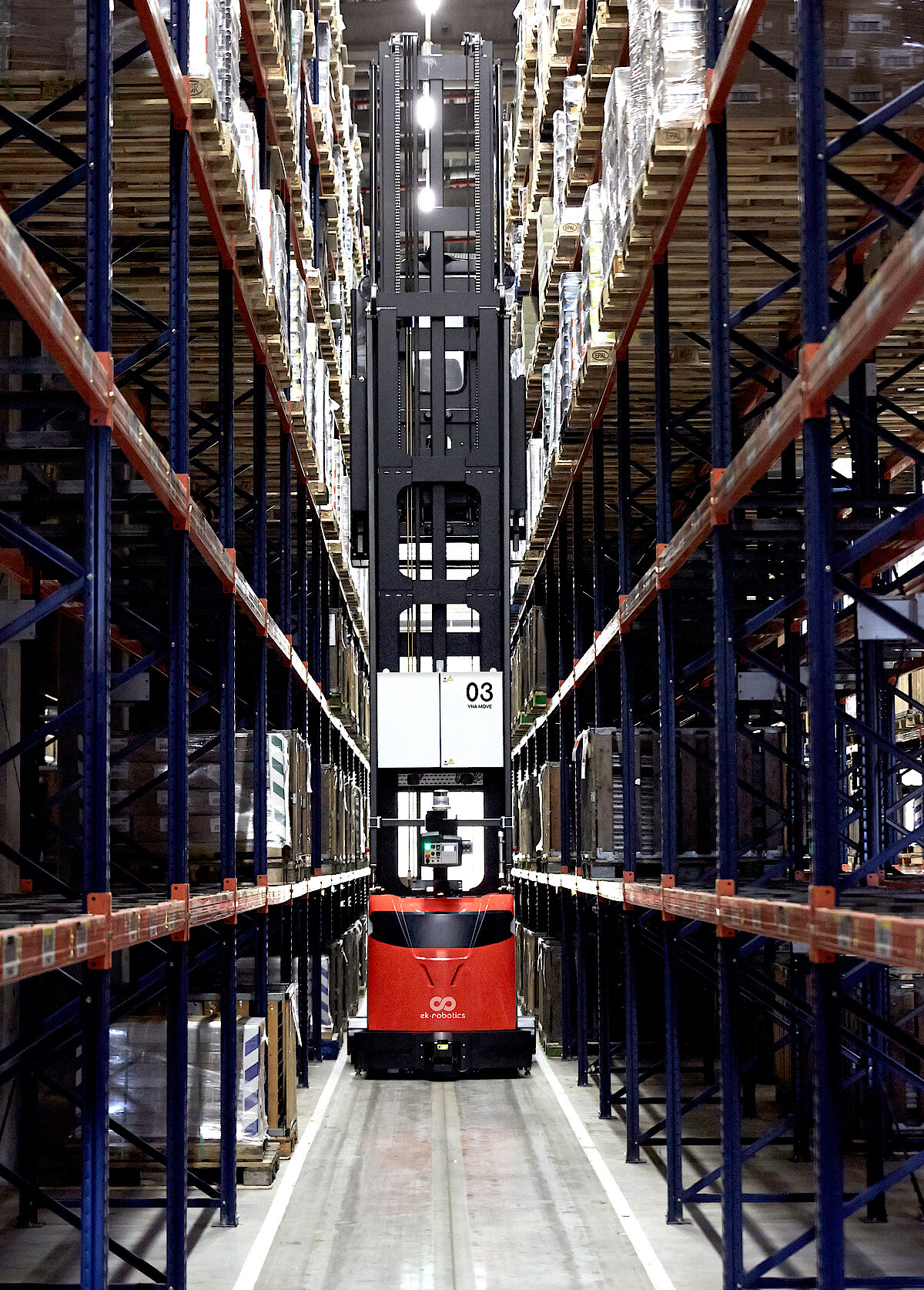 Efficient narrow aisle warehouse with AGV from ek robotics | ek robotics